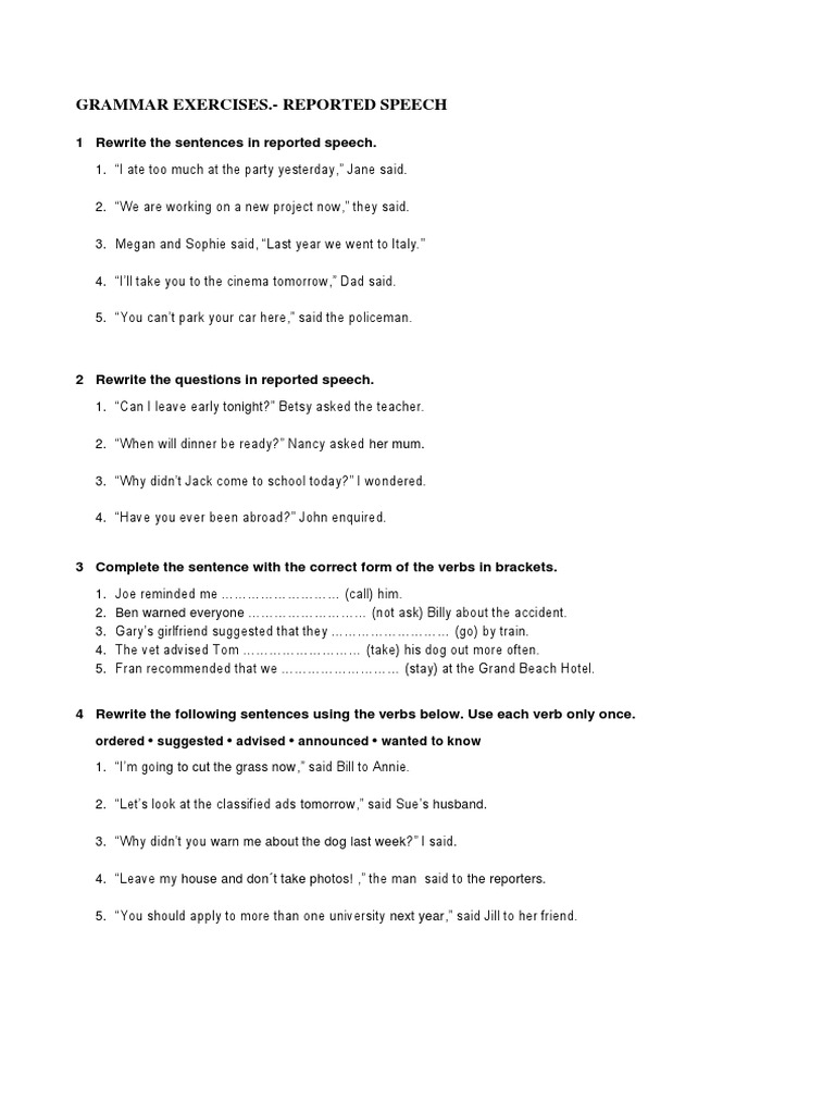 Reported Speech Exercises For Bach | PDF