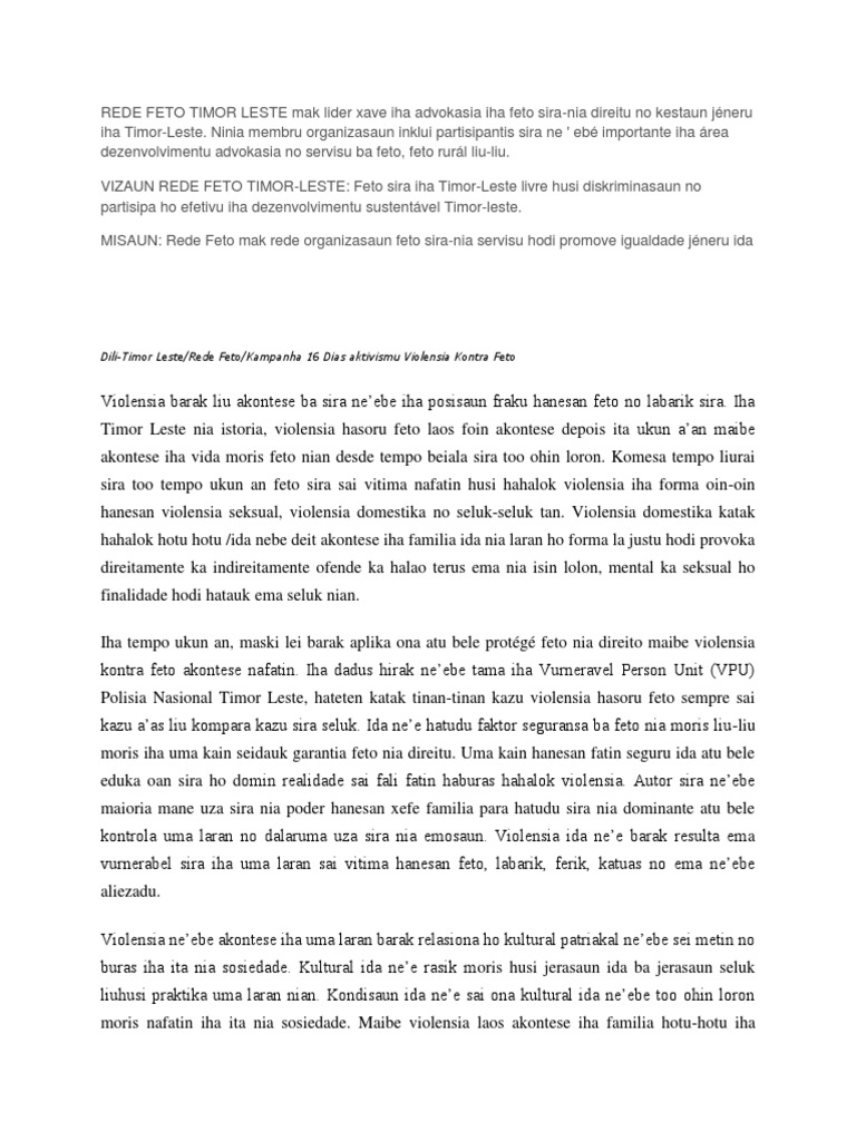 REDE FETO TIMOR LESTE Mak Lider Xave Iha Advokasia Iha Feto Sira | PDF