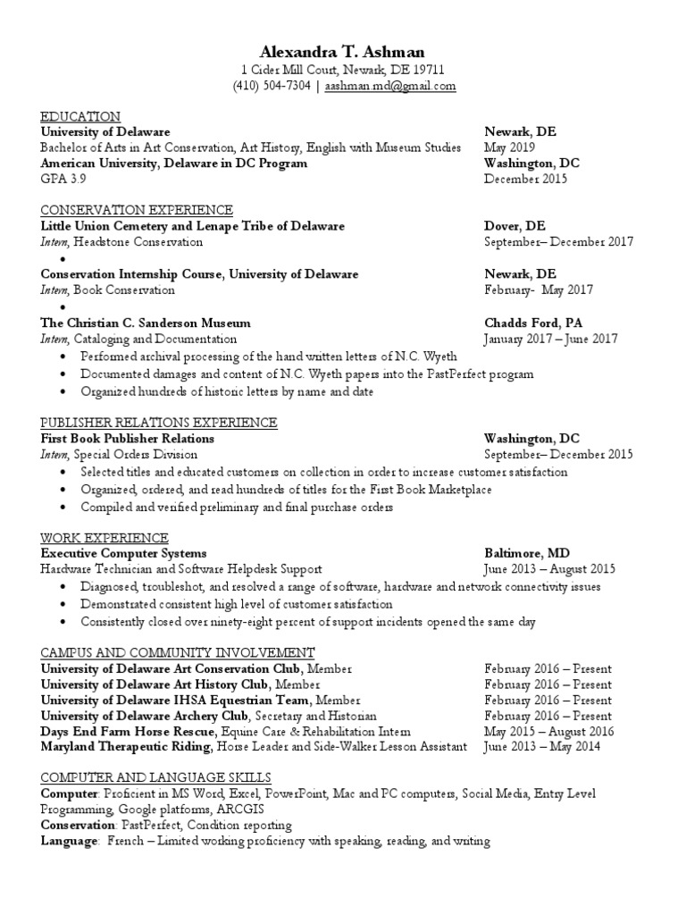 Art Conservation Resume of Alexandra Ashman | PDF | Delaware | Computing