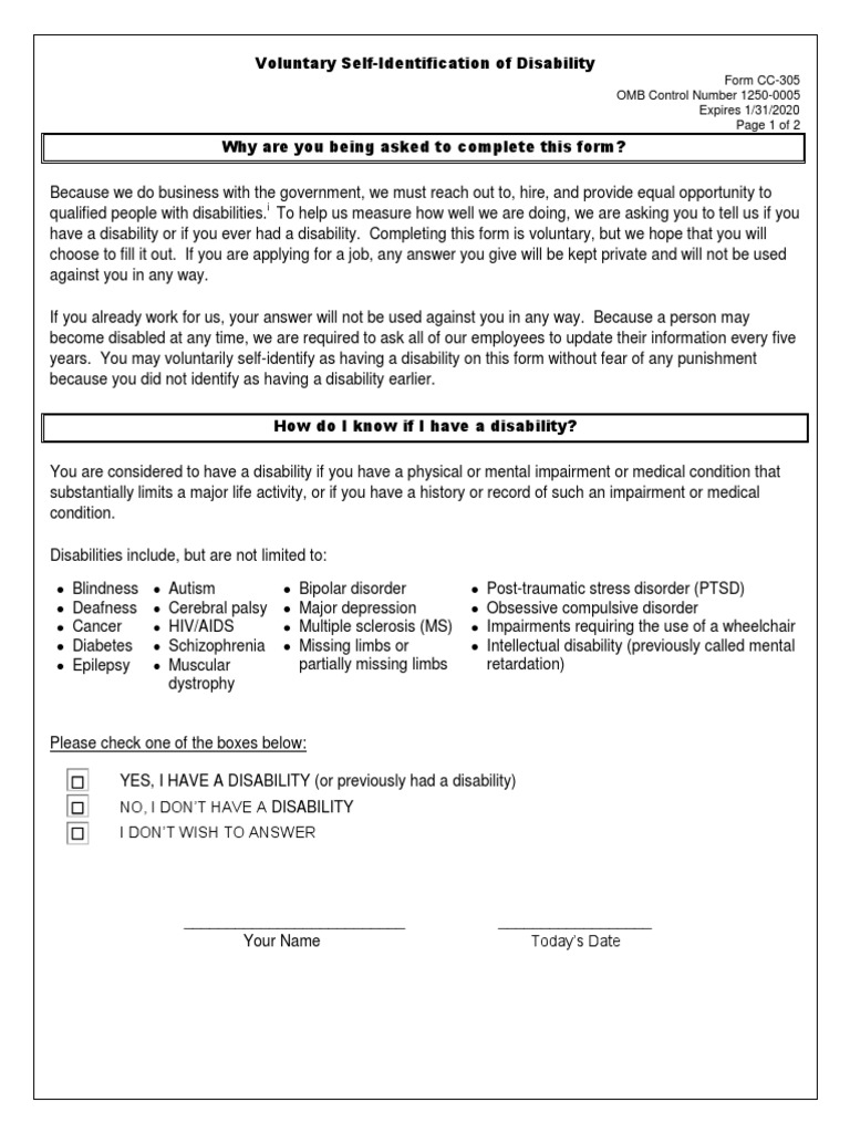 Voluntary Self-Identification of Disability: Form CC-305 OMB Control ...