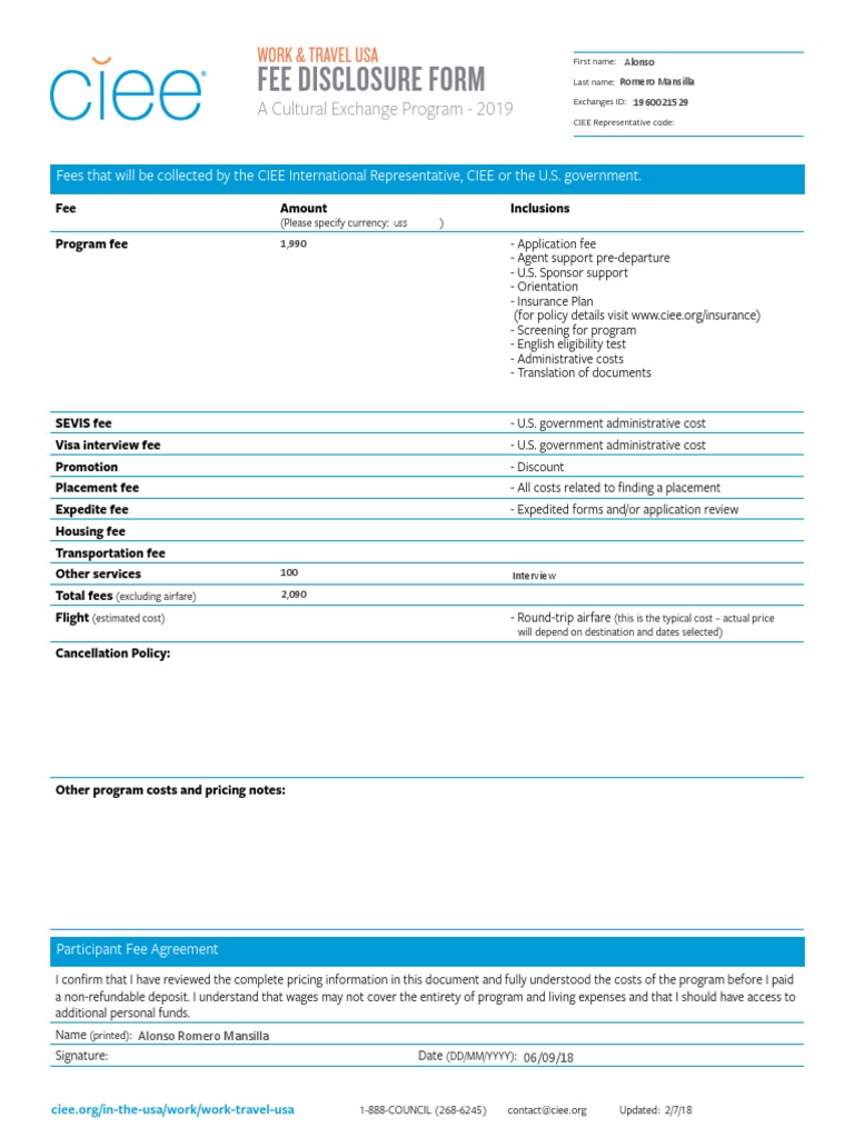 CIEE Work & Travel USA Fee Disclosure | PDF | Fee | Service Industries