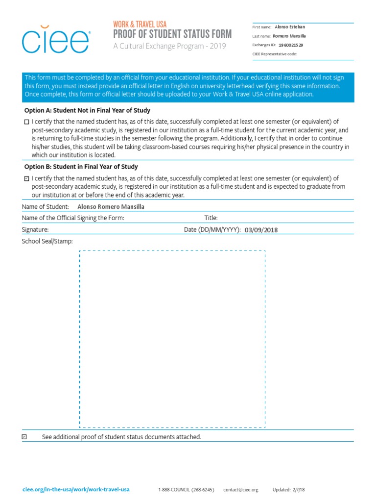 WAT Proof of Student Status 2019 Oficial