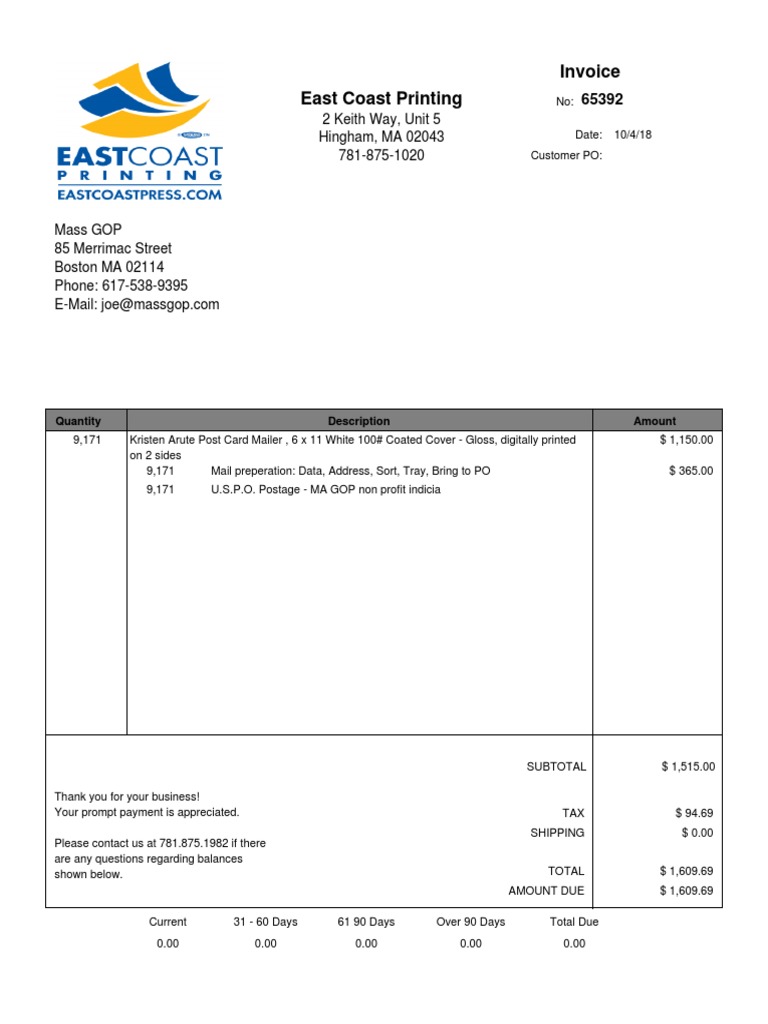 Invoice for Kristen Arute Postcard Mailer | PDF