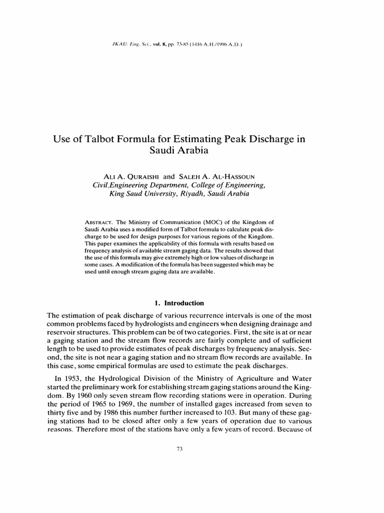 Use of Talbot Formula For Estimating Peak Discharge in Saudi Arabia | PDF