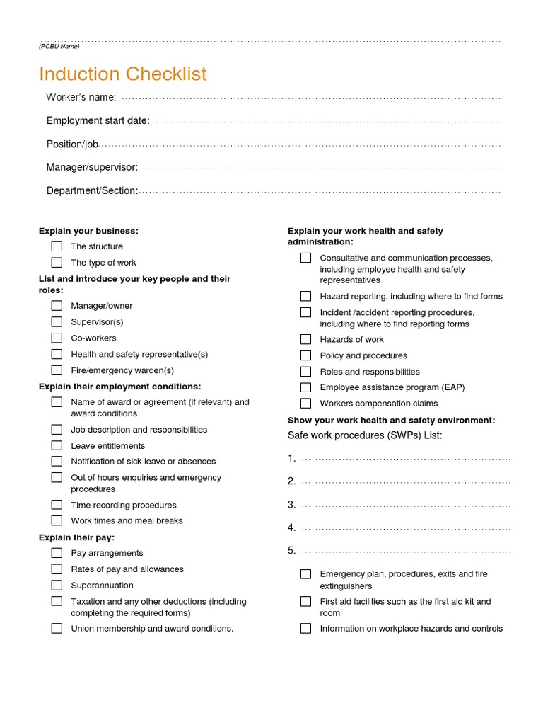 Induction Checklist | PDF | Occupational Safety And Health | Employment