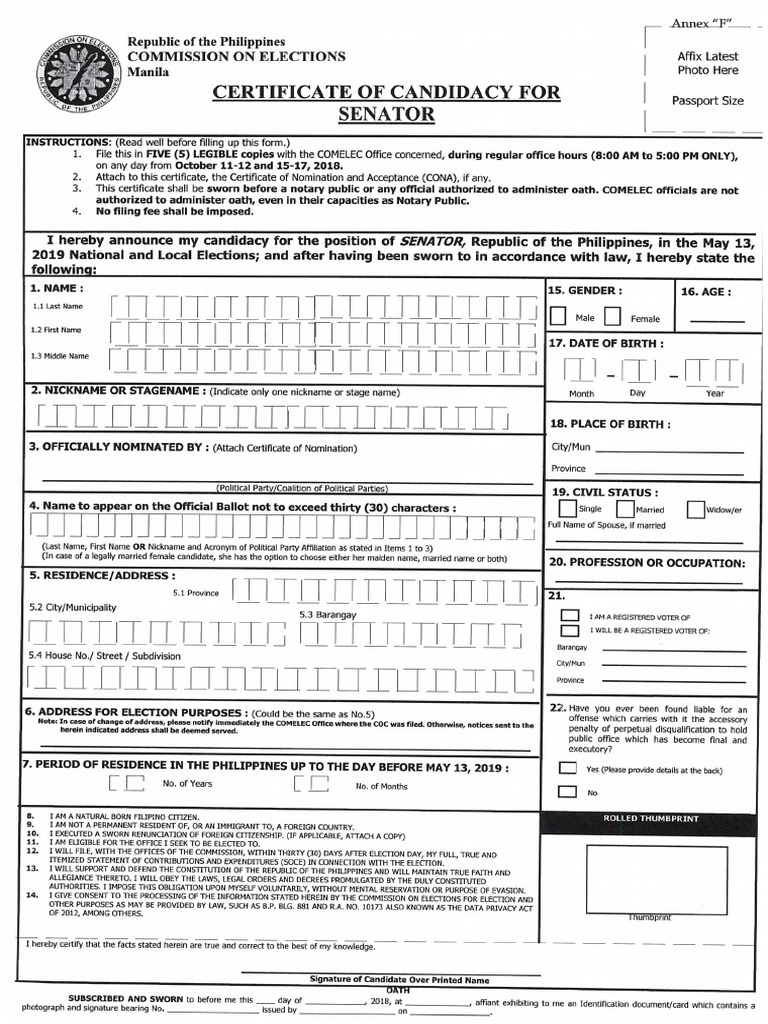 Sample Certificate of Candidacy For Senator in 2019 Polls | PDF