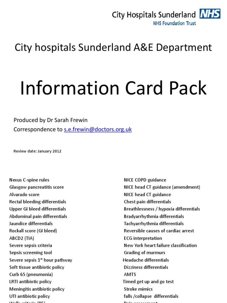 City Hospitals Sunderland A&E Department: Information Card Pack | PDF ...