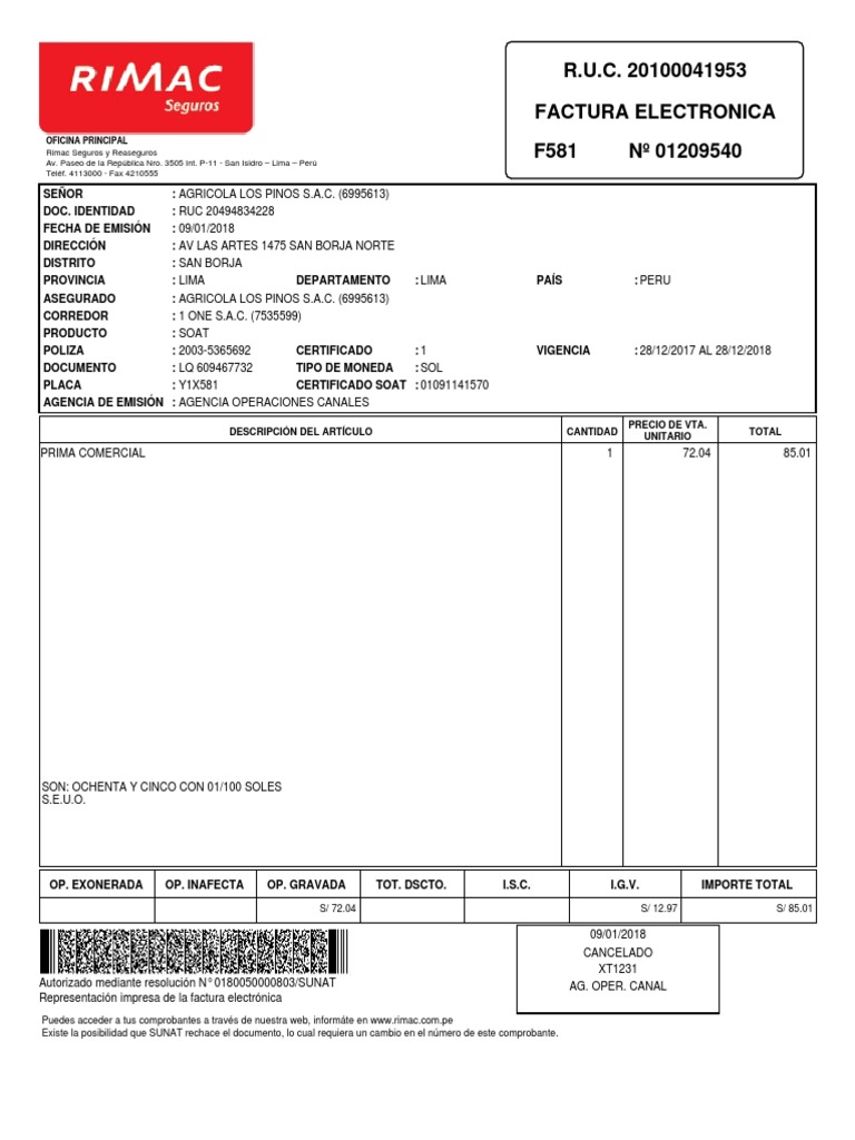 Factura Electrónica SOAT Rimac 2018 | PDF | Business | Informática y tecnología de la información