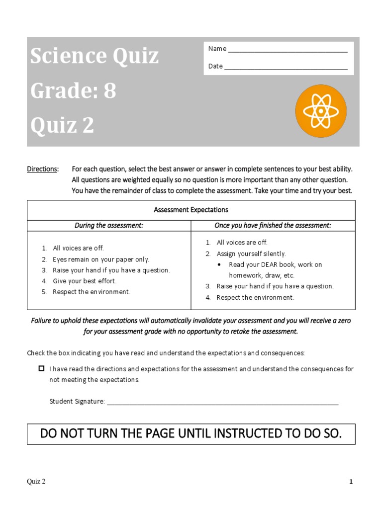 Science Quiz Grade: 8 Quiz 2: Do Not Turn The Page Until Instructed To ...