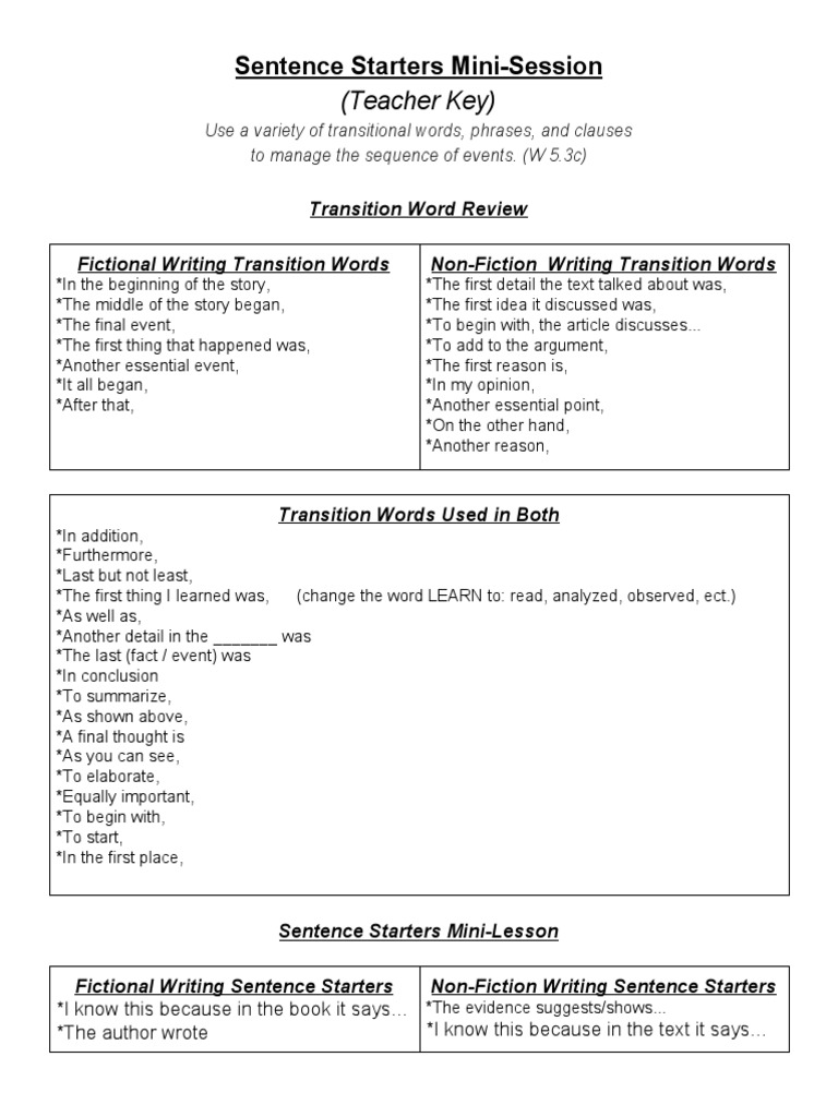 Transition & Sentence Starters Guide | PDF | Sentence (Linguistics ...