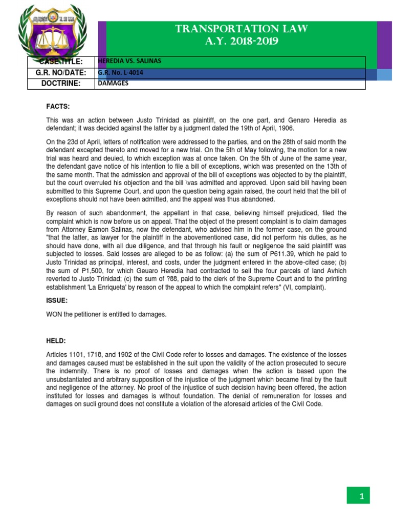 CD - 64. Heredia vs. Salinas, Io Phil. 157, 162 | PDF | Damages | Complaint