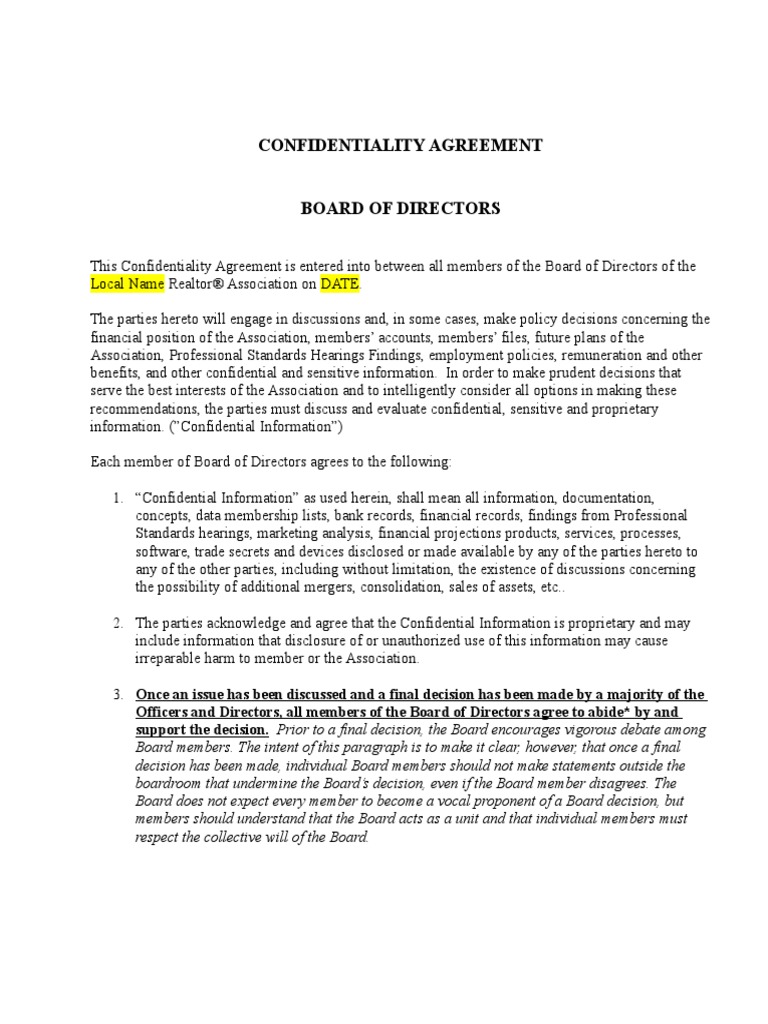 BOT Sample Confidentiality Agreement | PDF | Board Of Directors ...