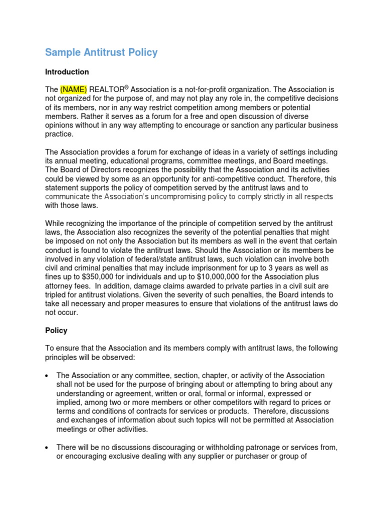 Sample Antitrust Policy | Competition Law | Competition | Free 30-day ...