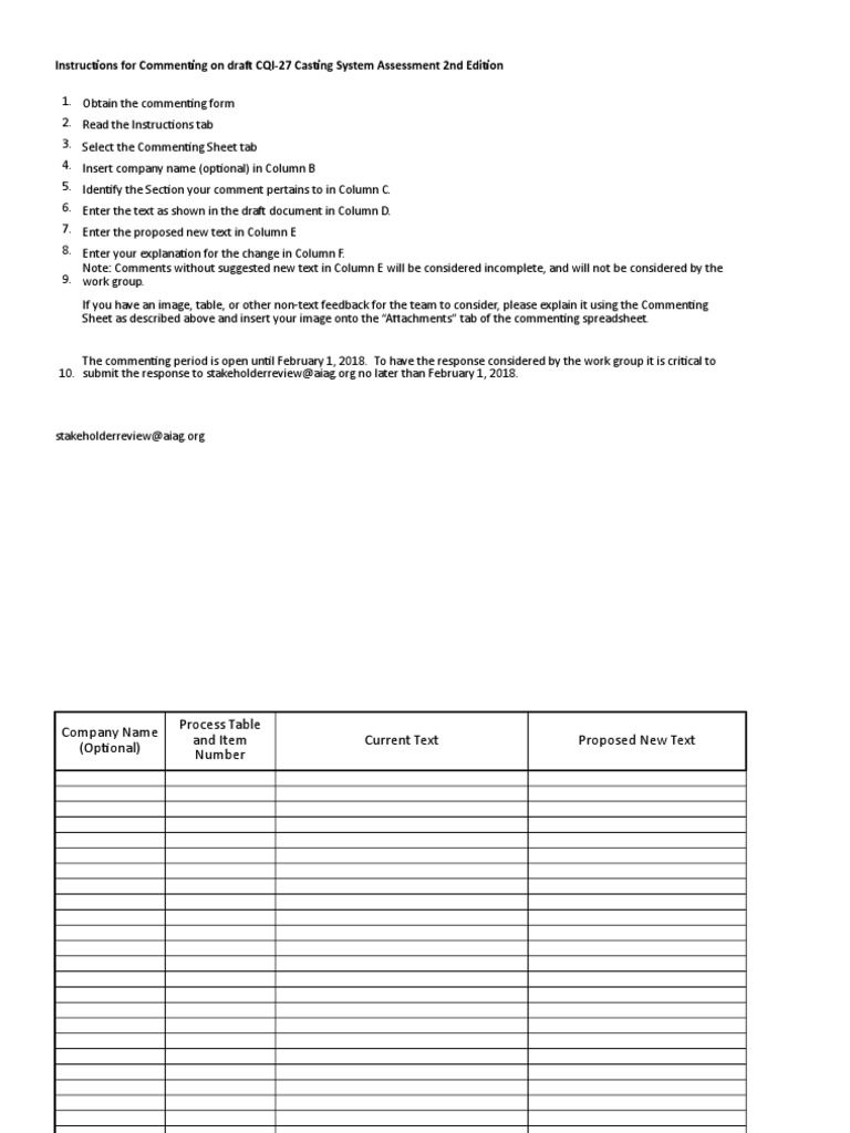 AIAG-CQI-27 Casting - Stakeholder Commenting Sheet | PDF | Computing And Information Technology