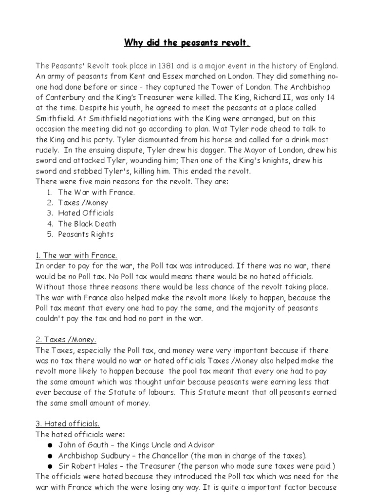 Why Did The Peasants Revolt History Essay | PDF | Politics | History