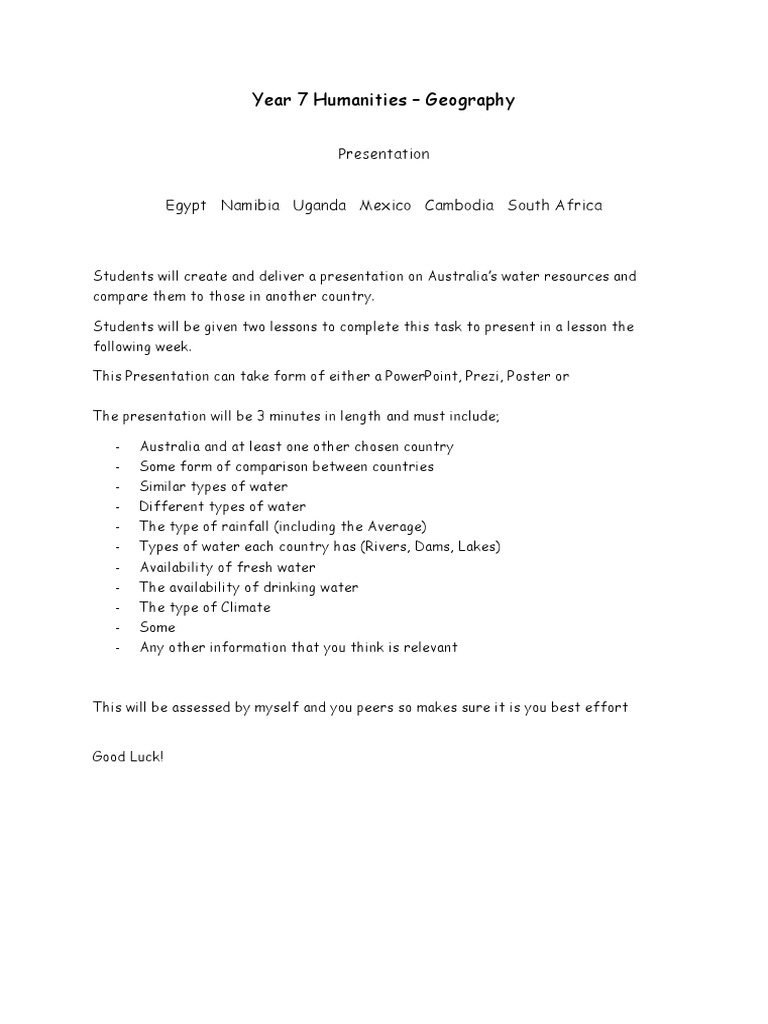 Year 7 Humanities - Geography: Presentation Egypt Namibia Uganda Mexico ...