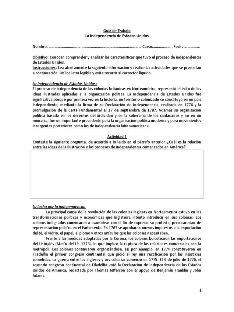 Guia Independencia de Estados Unidos | PDF | Declaración de ...