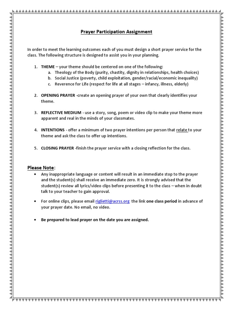 Prayer Participation Assignment: Be Prepared To Lead Prayer On The Date ...