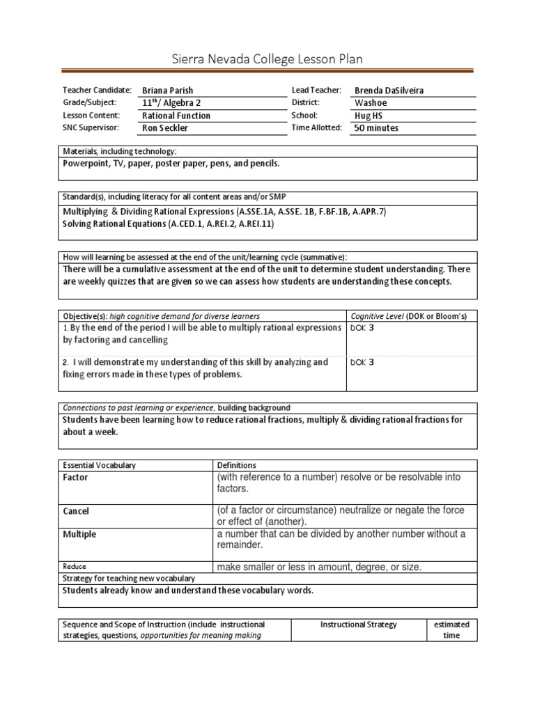 Sierra Nevada College Lesson Plan: Cognitive Level (DOK or Bloom's ...