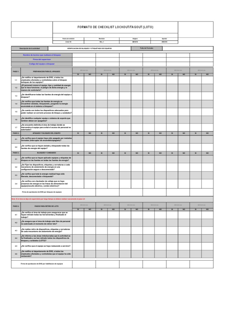 Formato De Checklist Lockout/Tagout (Loto): Nombre de tecnico que ...