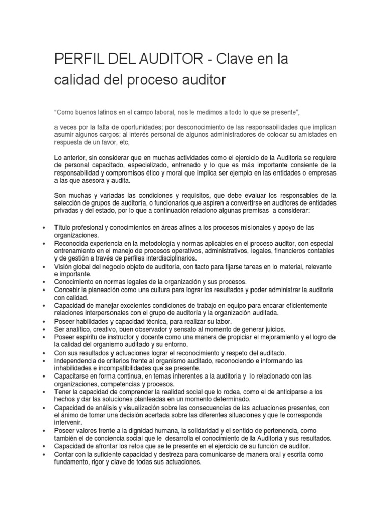 Perfil Del Auditor - Clave En La calidad del proceso auditor | Auditoría | Contralor | Prueba ...