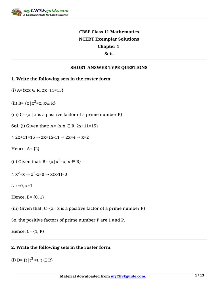 CBSE Class 11 Mathematics NCERT Exemplar Solutions Sets Short Answer ...