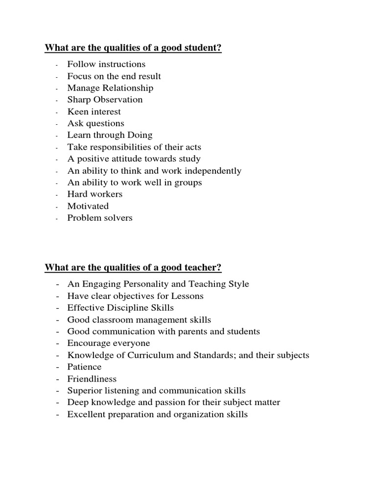 What Are The Qualities of A Good Student and A Good Teacher | PDF