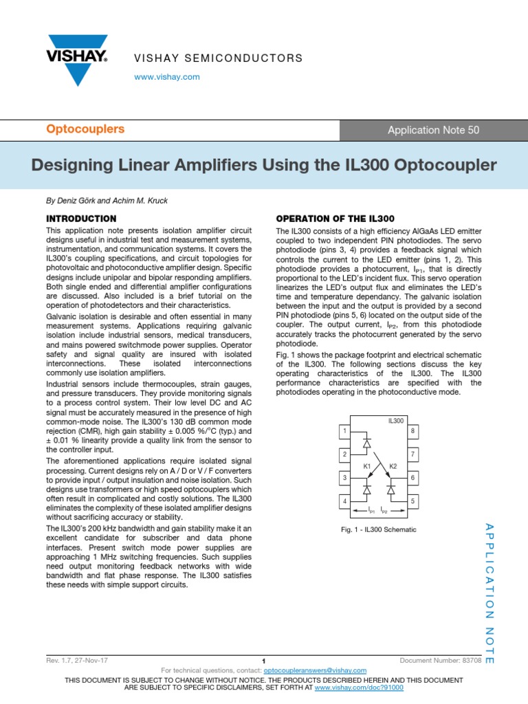 Designing Linear Amplifiers Using The IL300 Optocoupler: Optocouplers ...