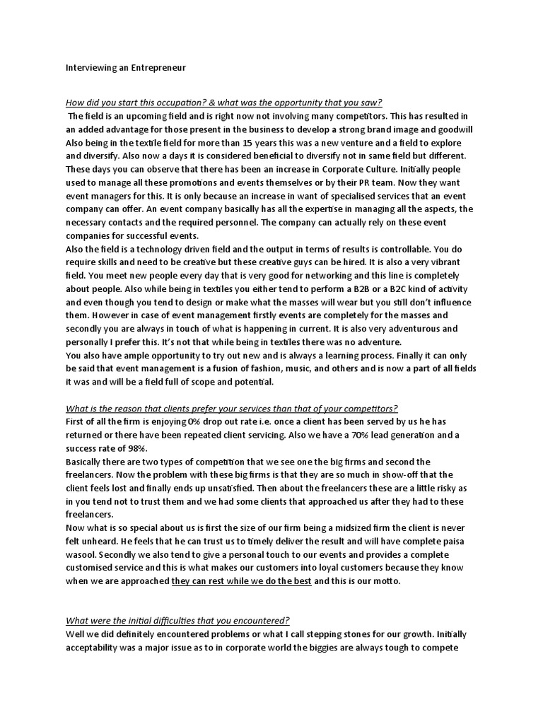 Interviewing An Entrepreneur | PDF | Entrepreneurship | Business Economics