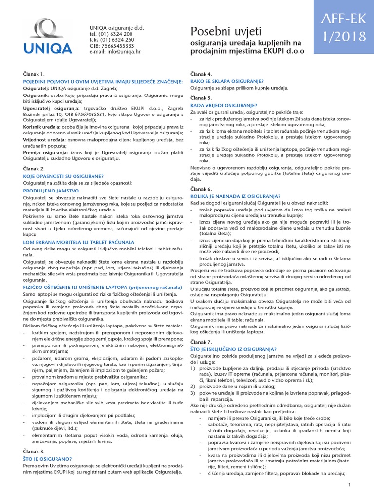 Posebni Uvjeti Osiguranja Uredjaja Kupljenih Na EKUPI PDF | PDF