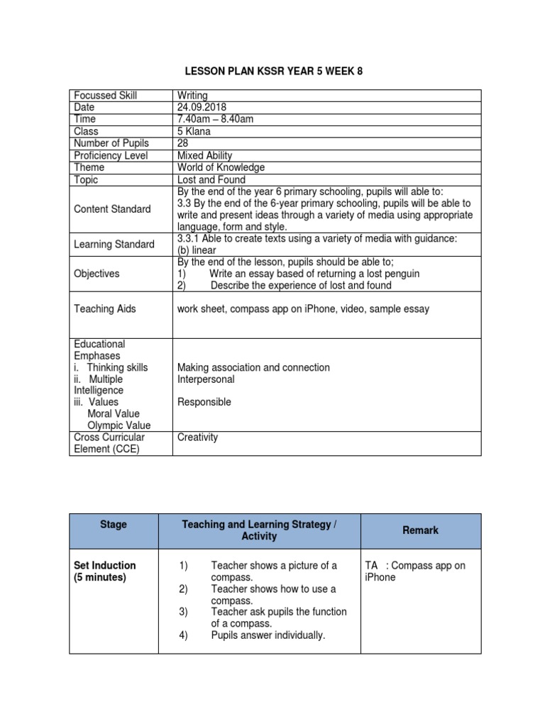 Lesson Plan KSSR Year 5 Week 8 | PDF | Lesson Plan | Teachers