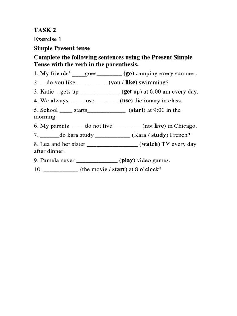 Task 2 Exercise 1 Simple Present Tense Complete The Following Sentences ...