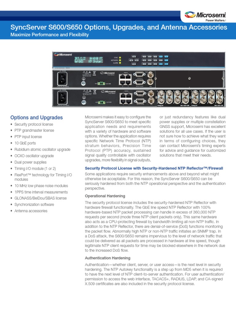 Microsemi Syncserver S600 S650 Options Datasheet RevE | PDF | Coaxial Cable | Denial Of Service ...