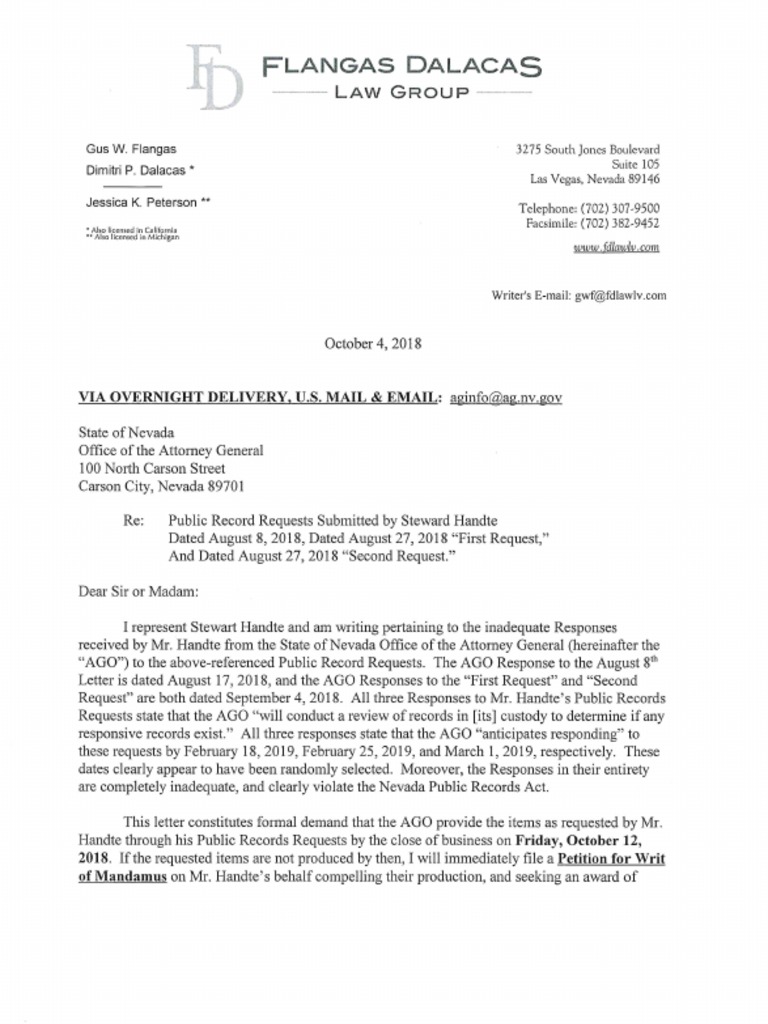 Letter to State of Nevada Re Public Records Requests Submitted by ...