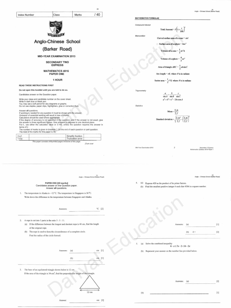 Sec 2 Math Acs Barker Sa1 2013.textmark | PDF | Interest | Elementary ...