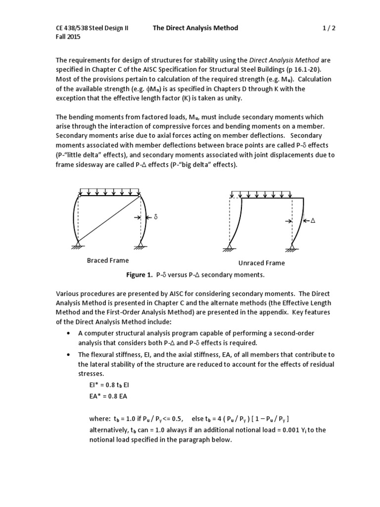 The Direct Analysis Method: CE 438/538 Steel Design II 1 / 2 Fall 2015 ...