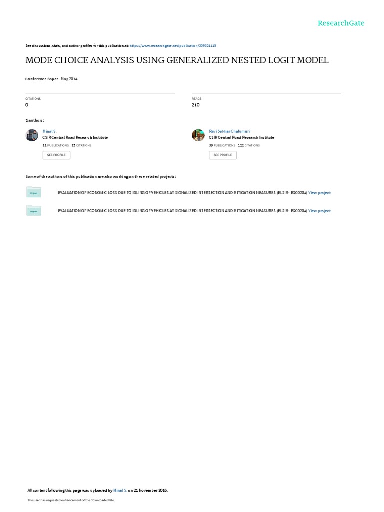 Mode Choice Analysis Using Generalized Nested Logit Model: Conference Paper | PDF | Logistic ...