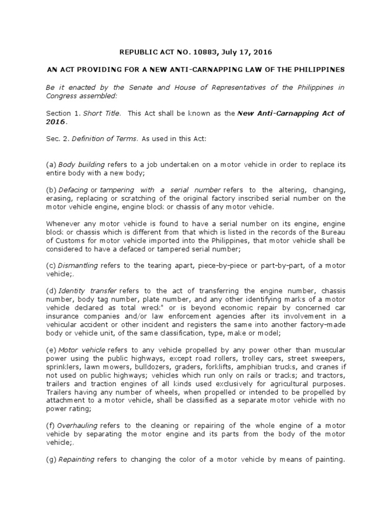 Republic Act No 10883 Anti Carnapping Law | PDF | Carjacking | Vehicles