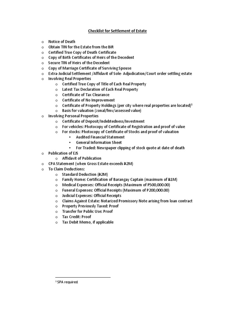 Checklist For Settlement of Estate | PDF
