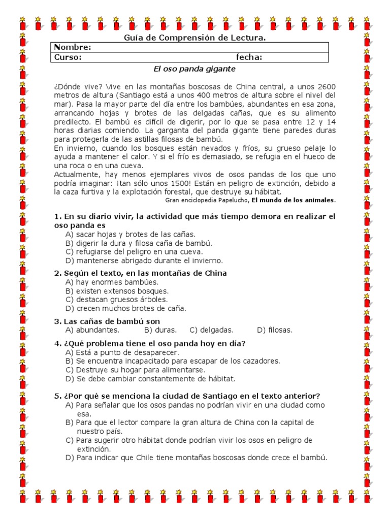 Guía de Comprensión de Lectura Oso Panda Gigante | Ensillar | Panda gigante