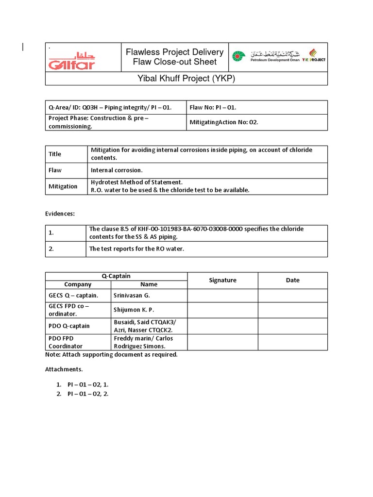 Flawless Project Delivery Flaw Close-Out Sheet Yibal Khuff Project (YKP ...