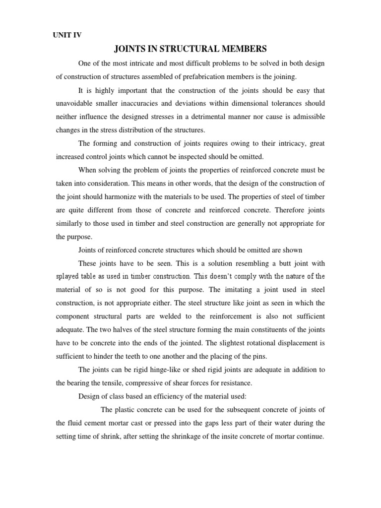 Joints in Structural Members: Unit Iv | PDF | Column | Concrete