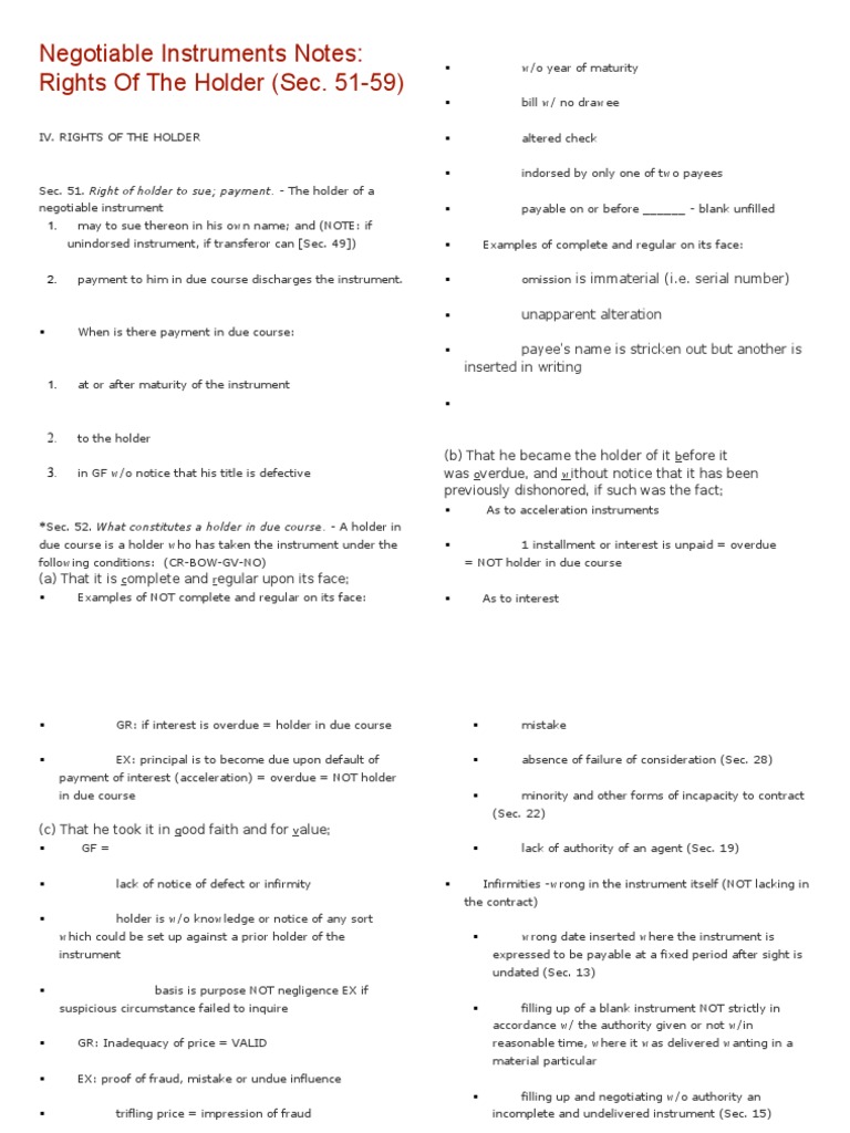 Rights of The Holder | PDF | Negotiable Instrument | Business Law