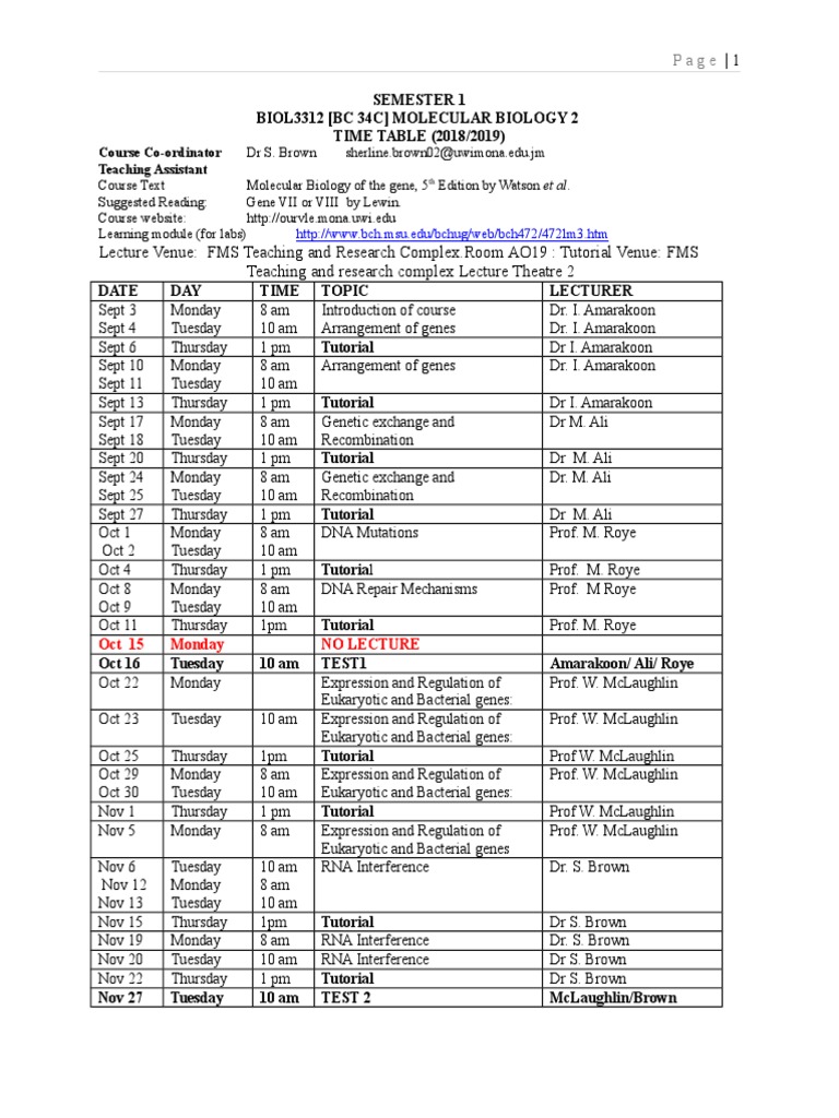 Biol3312 Timetable 2018-2019 Final-1 | PDF | Gene | Polymerase Chain ...