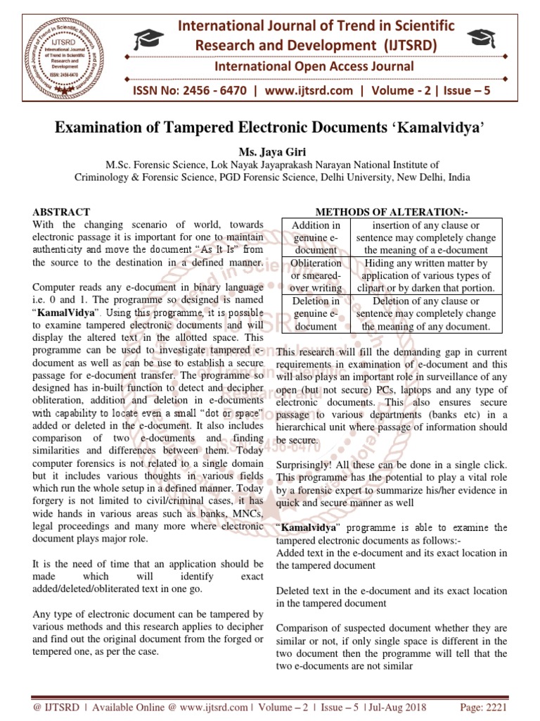 Examination of Tampered Electronic Documents 'Kamalvidya' | PDF ...