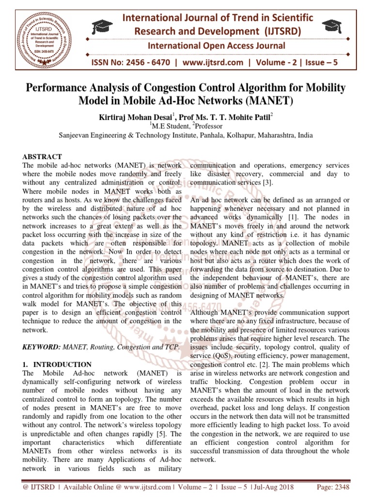 Performance Analysis Of Congestion Control Algorithm For Mobility Model In Mobile Ad Hoc