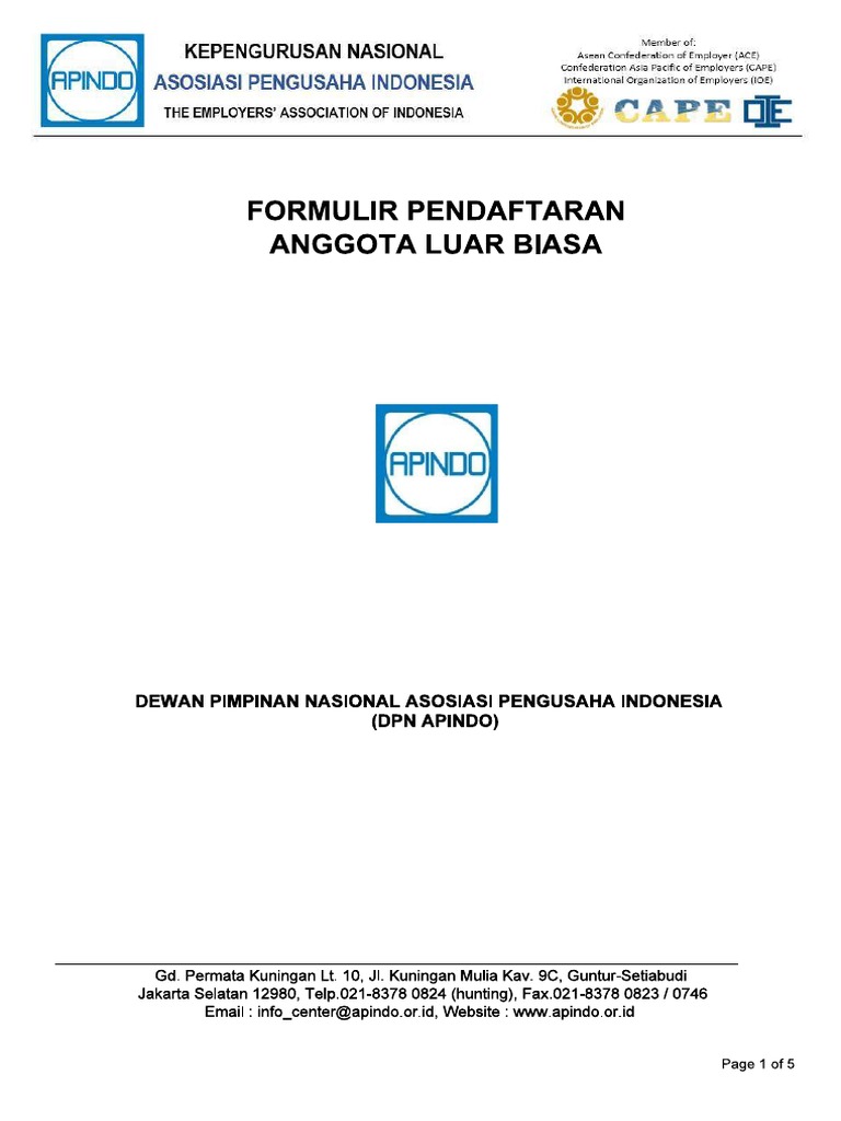 Formulir Pendaftaran Keanggotaan Apindo | PDF