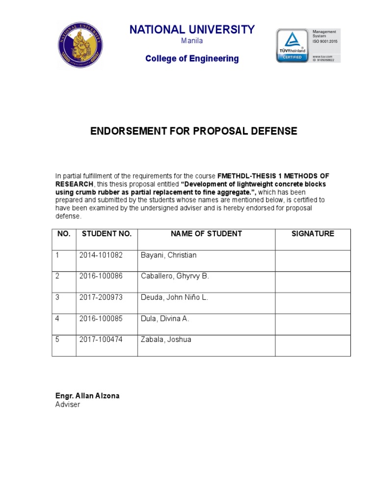 Endorsement For Proposal Defense | PDF