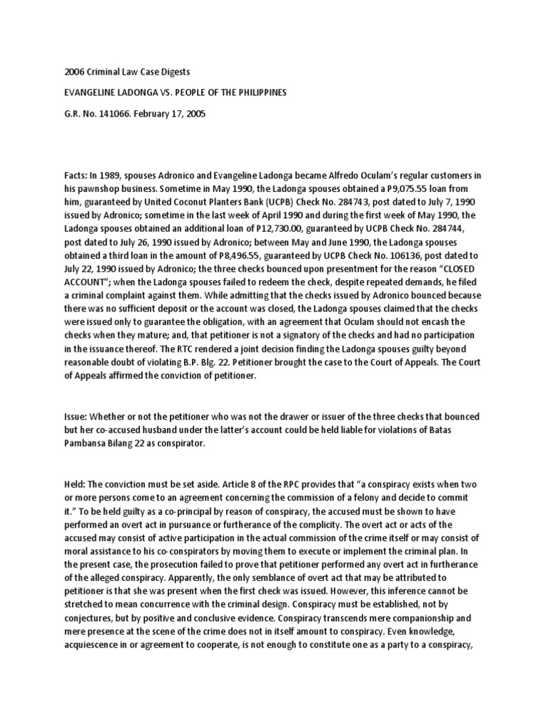 Evangeline Ladonga vs. People of The Philippines | PDF | Conspiracy ...