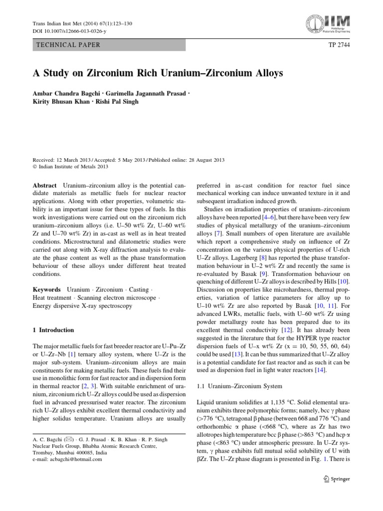 A Study On Zirconium Rich Uranium-Zirconium Alloys PDF | PDF ...